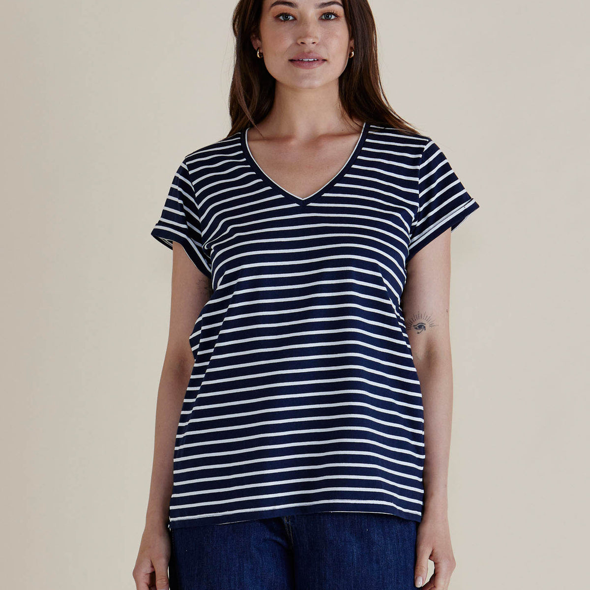 Ayla V-Neck Tee - Navy Blue Stripe Navy – Freez Clothing