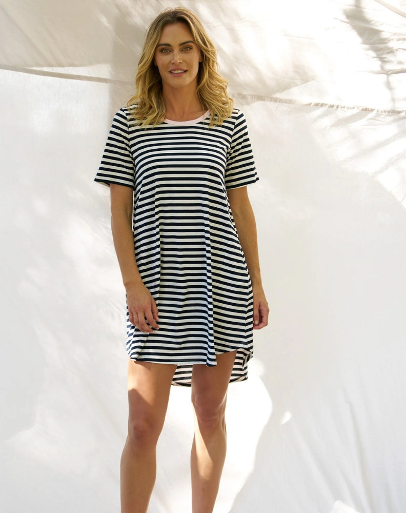 Nyree Dress - Navy Stripe/Pink – Freez Clothing