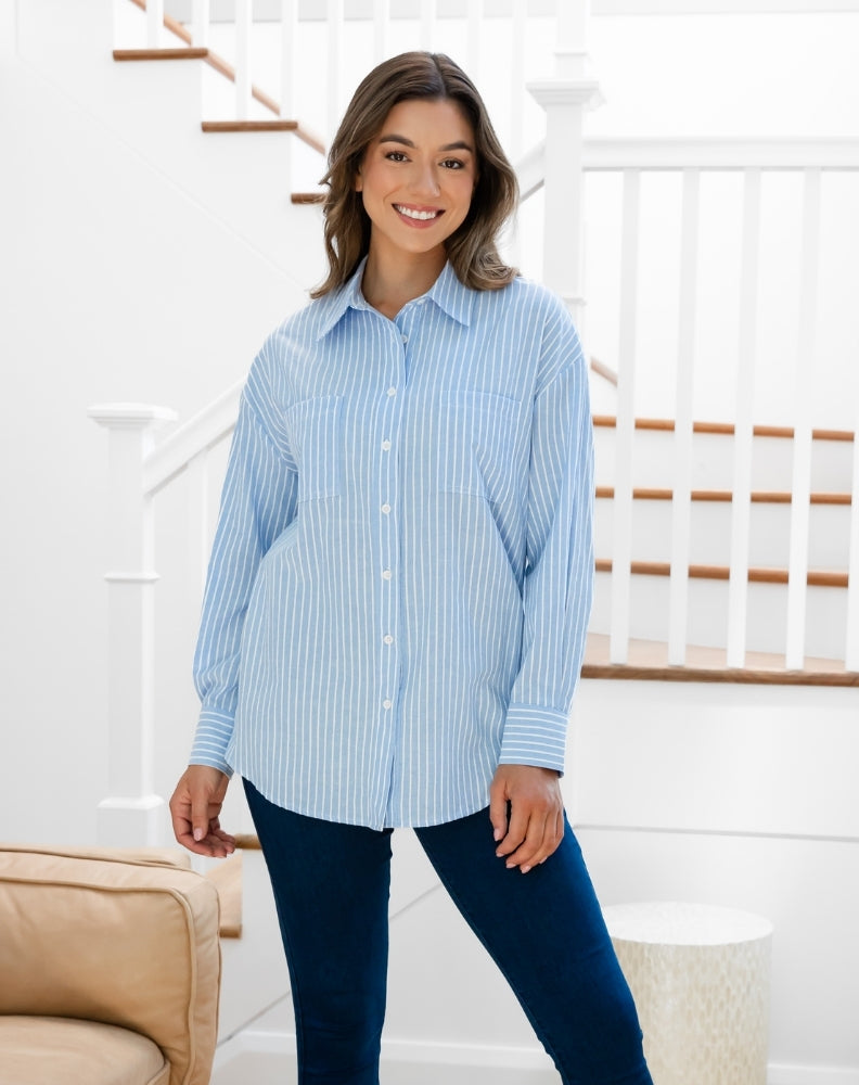 Button Back Shirt - Blue Stripe – Freez Clothing